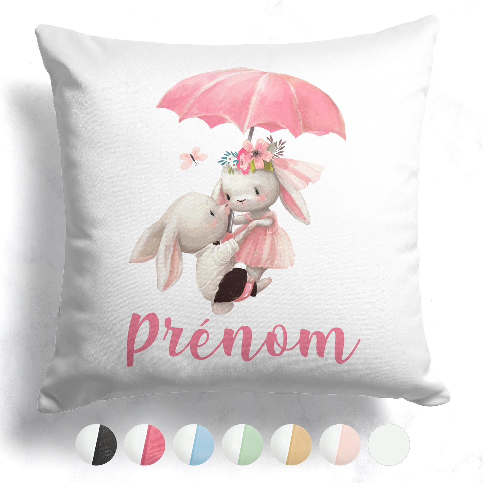 Coussin bicolore personnalisé - Lapins parapluie - Des prix 50% moins cher qu'en magasin